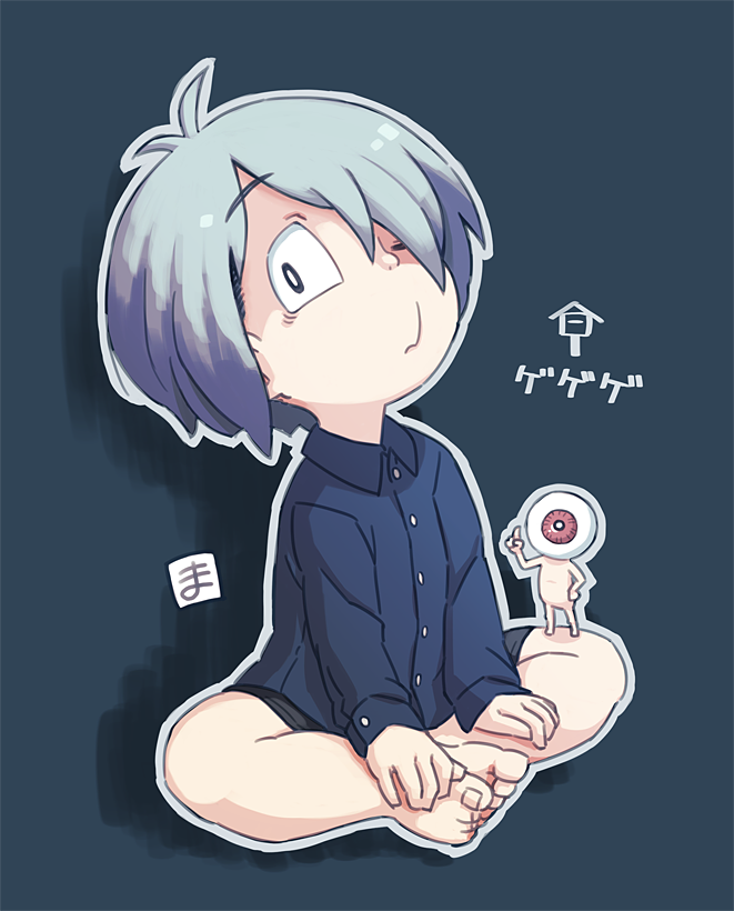 Safebooru - 1boy 1other alternate hair color bangs barefoot black eyes blue background blue eyes ...