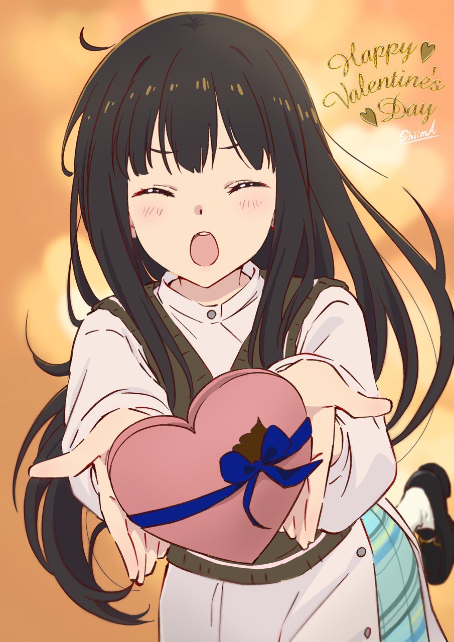 Safebooru - 1girl :o black hair blush closed eyes dress highres inoue ...