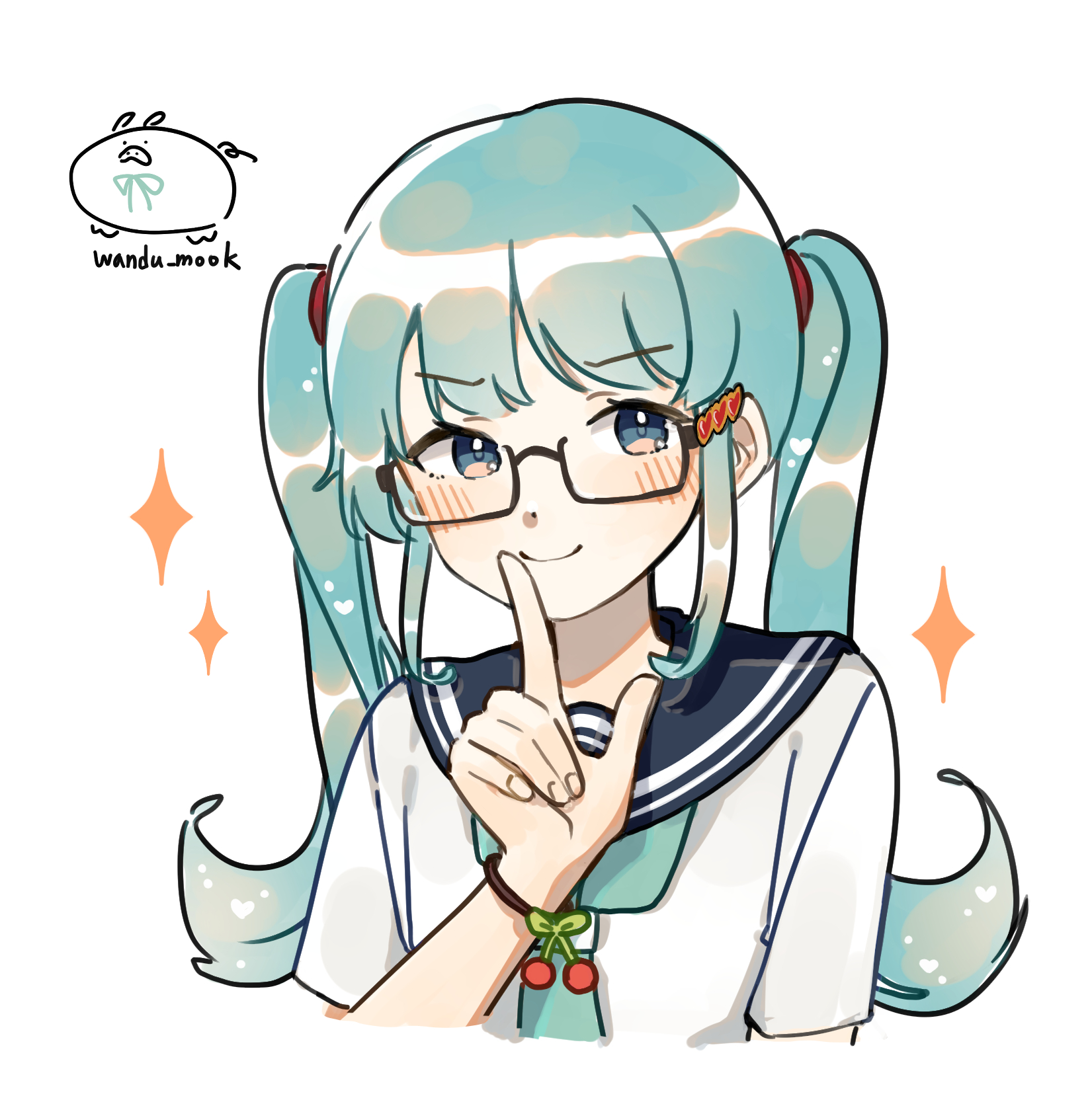 Safebooru - 1girl aqua hair aqua neckerchief aqua ribbon artist logo artist name bangs ...