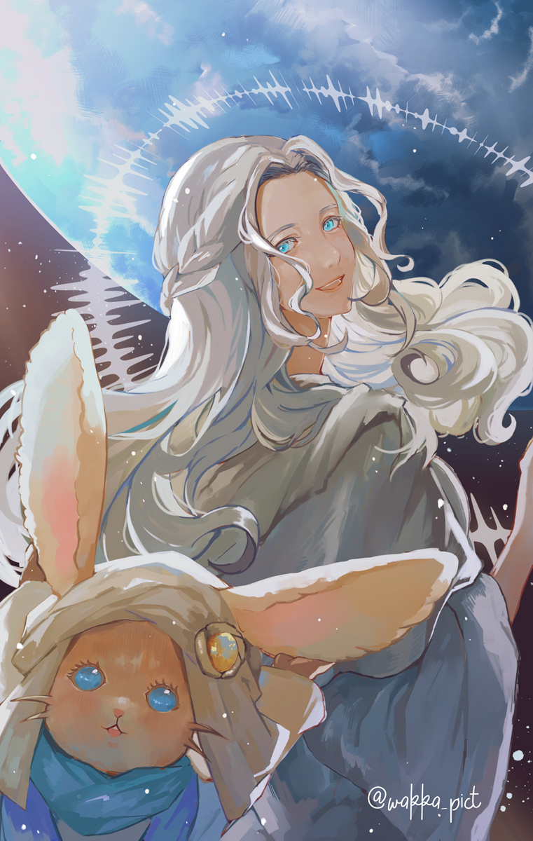 Safebooru - 1girl 1other androgynous animal ears blue eyes blue scarf body fur braid brown fur ...