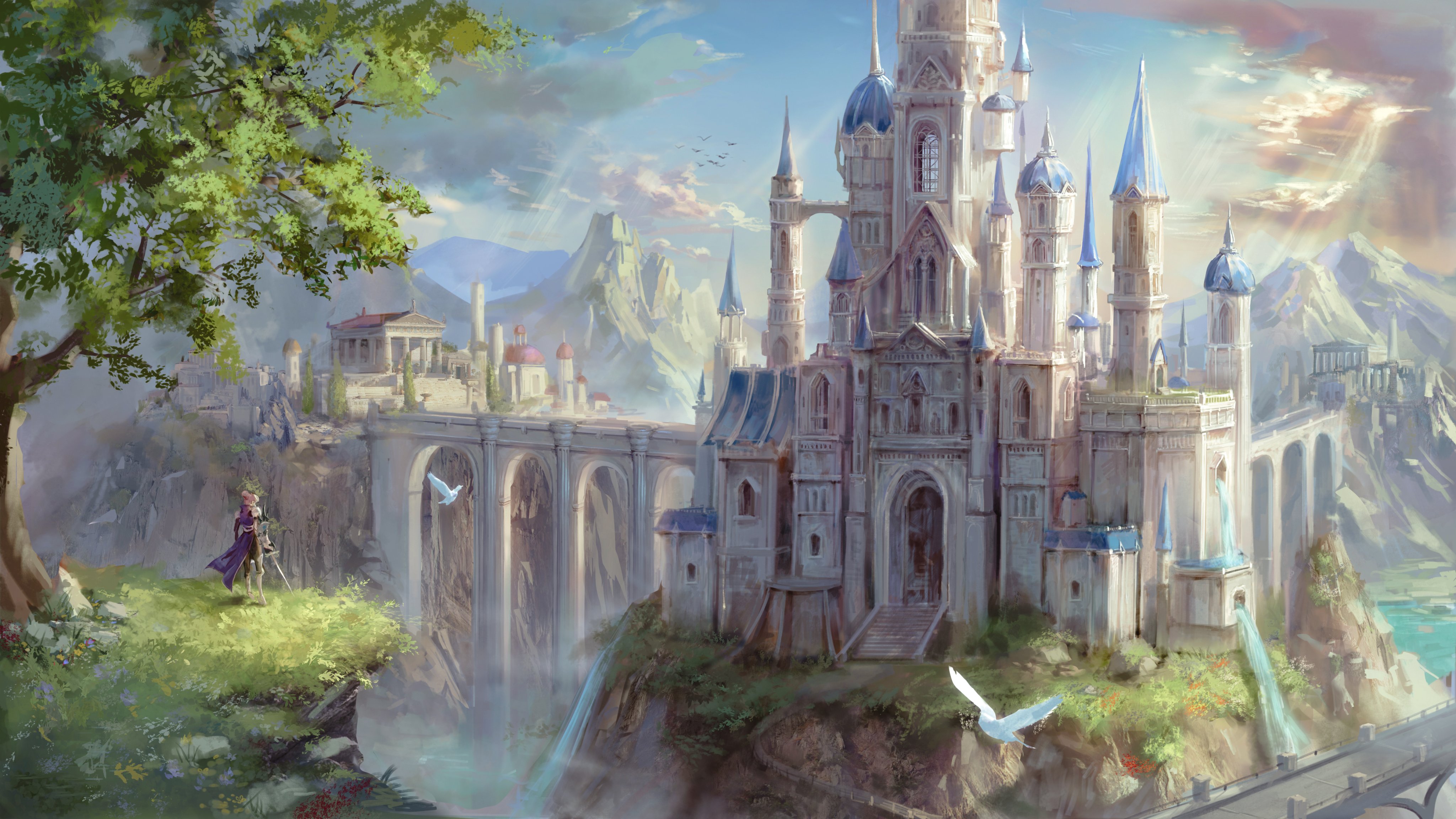 Safebooru - 1girl absurdres architecture armor ateli er bird bridge building castle clouds ...