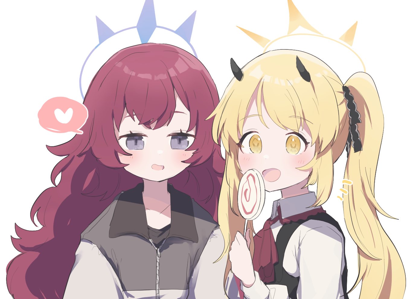 Safebooru - 2girls :d alternate costume ascot asymmetrical hair bangs black horns black vest ...