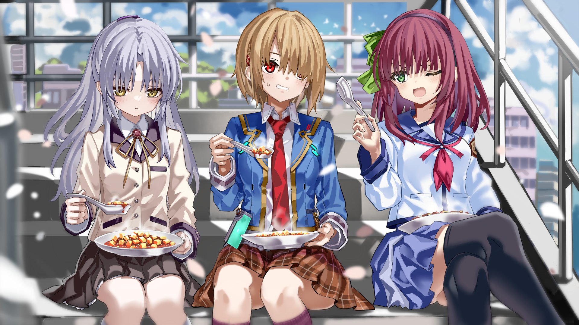 Safebooru - 3girls angel beats! food green eyes hairband heaven burns red highres jacket ...