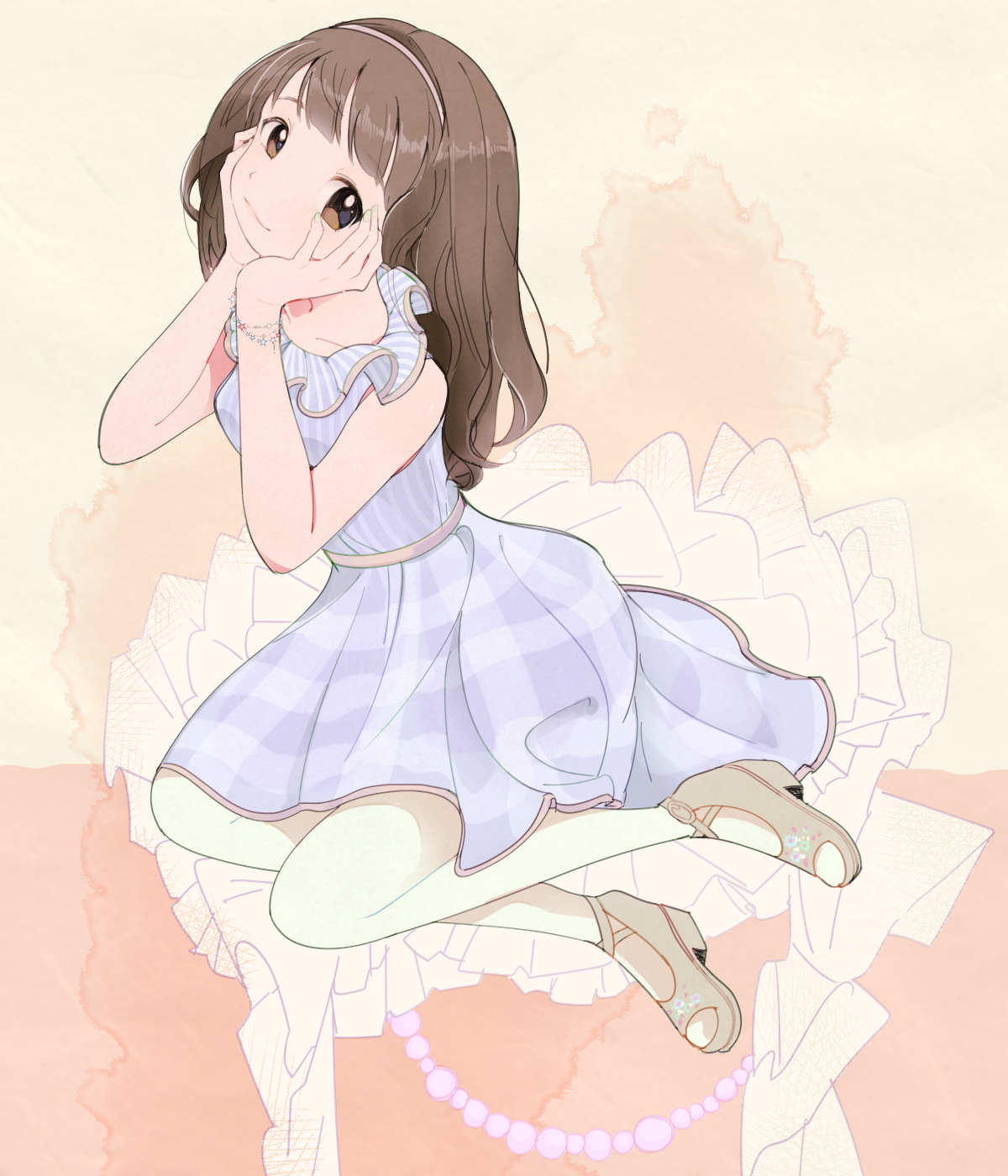 Safebooru - 1girl bangs bare shoulders blue dress bracelet brown eyes brown hair collarbone ...