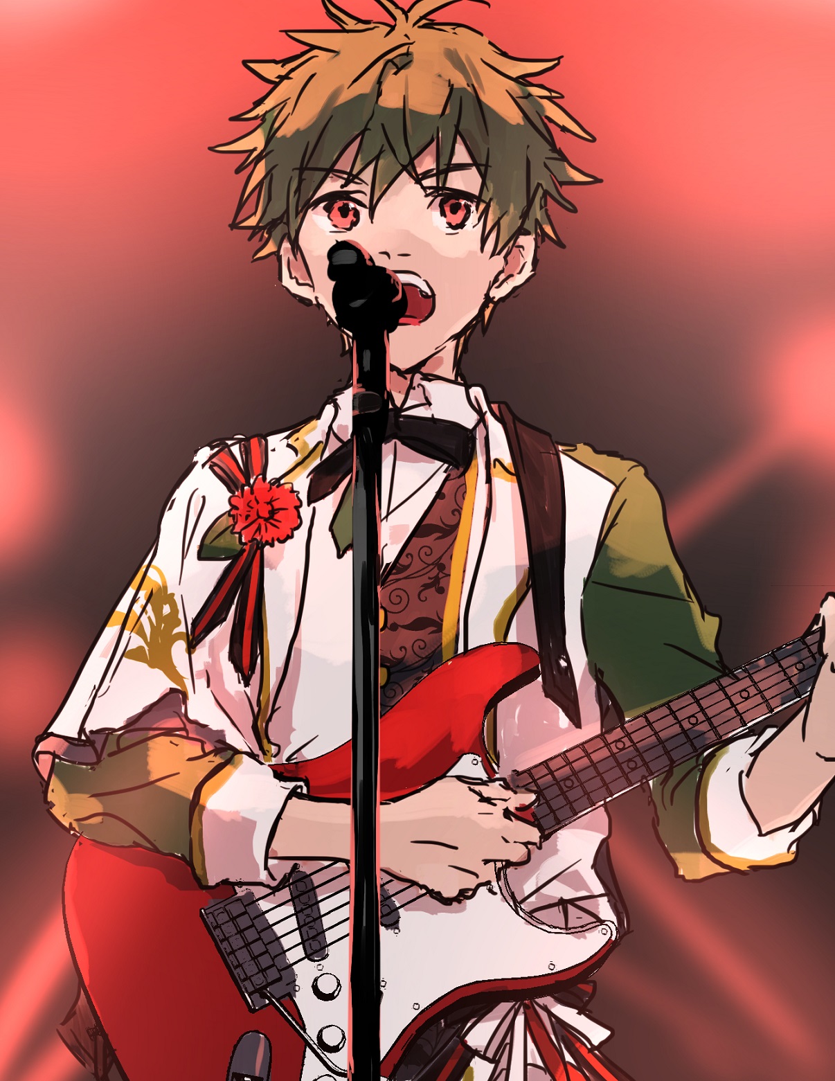 Safebooru - 1boy akiyama hayato bow collared shirt electric guitar flower green hair guitar ...