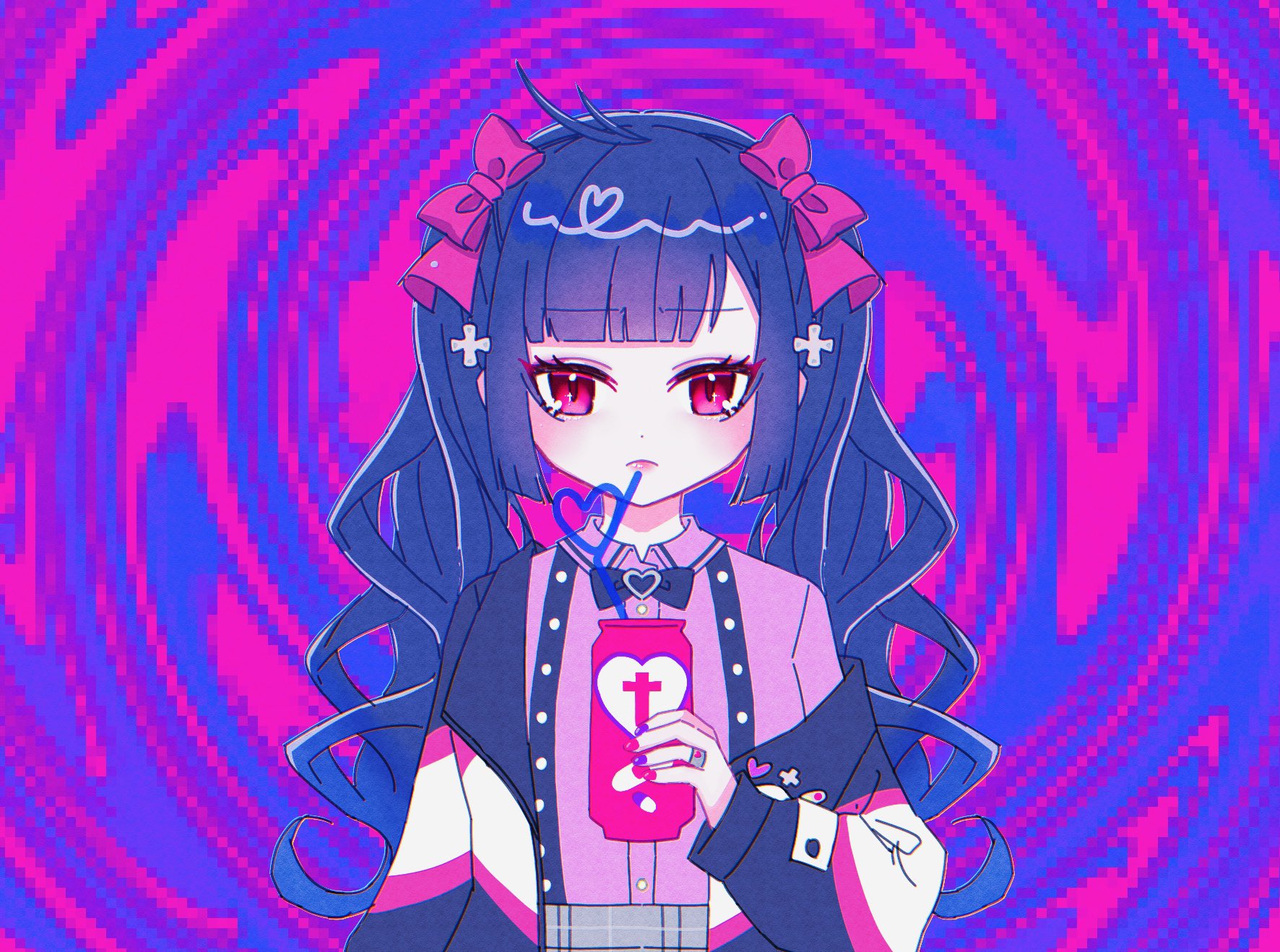 Safebooru - 1girl ahoge arm at side bangs bendy straw blue hair blunt ...