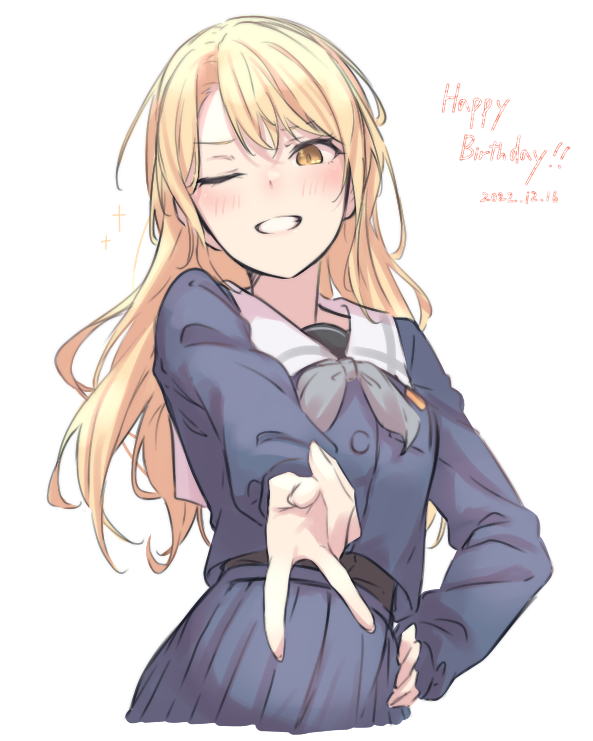 Safebooru - 1girl bang dream! blonde hair blush brown eyes dated grin hand on hip happy birthday ...