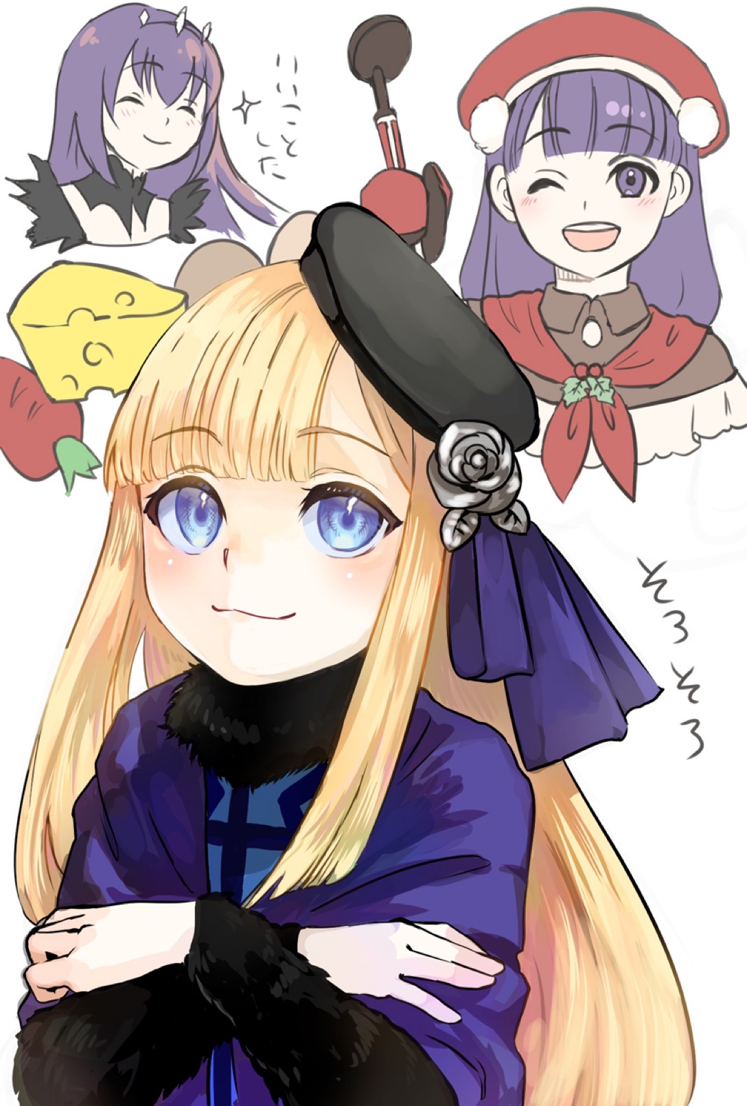 Safebooru - 3girls :d bangs black headwear blonde hair blue capelet blue eyes blue jacket blush ...