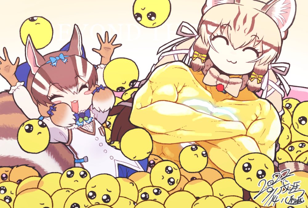 Safebooru - 2girls :3 \o/ ^ ^ animal ears arms up bow bowtie brown hair cat ears cat girl ...