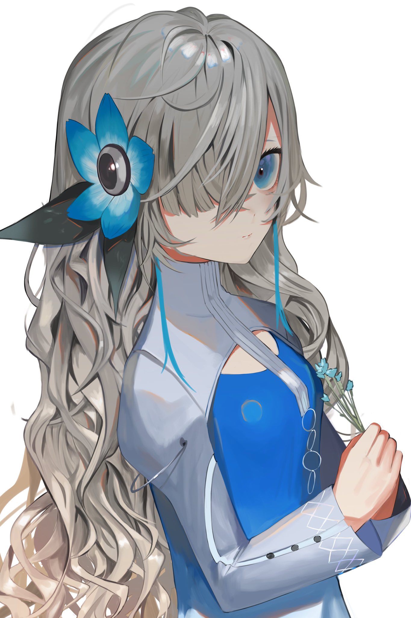 Safebooru - 1girl basaru 1106 blue dress blue eyes blue hair dress expressionless flower grey ...