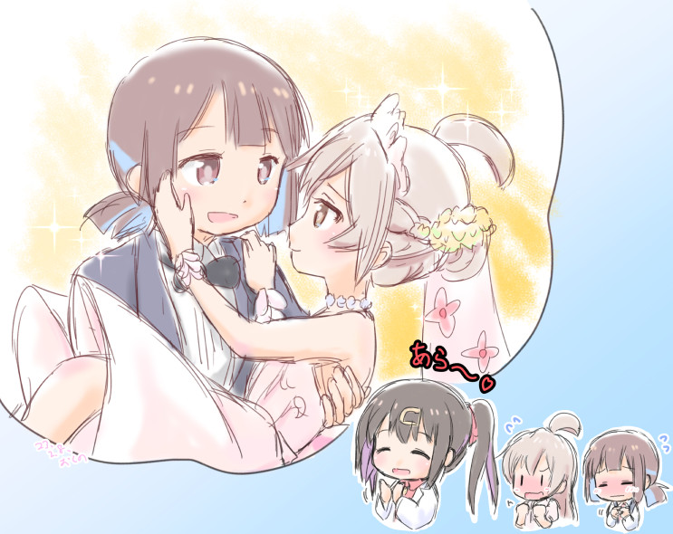 Safebooru - 3girls ahoge blush brown hair flying sweatdrops hand on ...