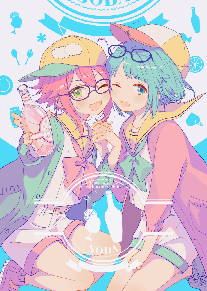 Safebooru - 2boys 4 (nakajima4423) ;d ahoge bangs baseball cap belt belt buckle bespectacled ...