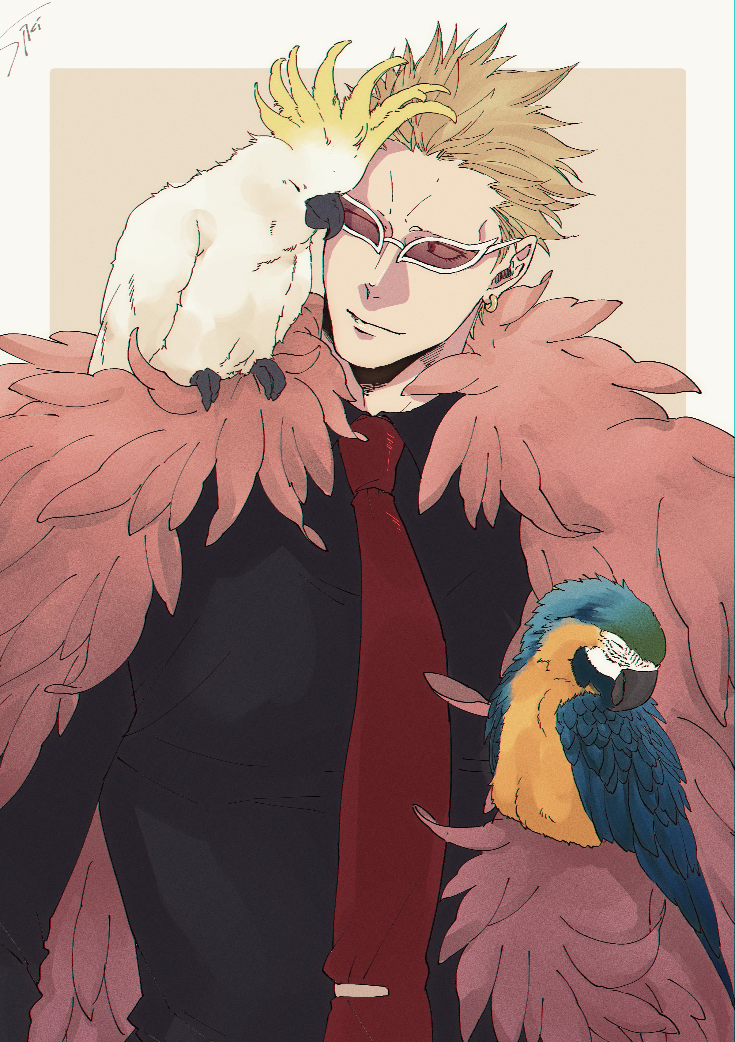 Safebooru - 1boy absurdres animal on shoulder bird black shirt blonde hair coat donquixote ...