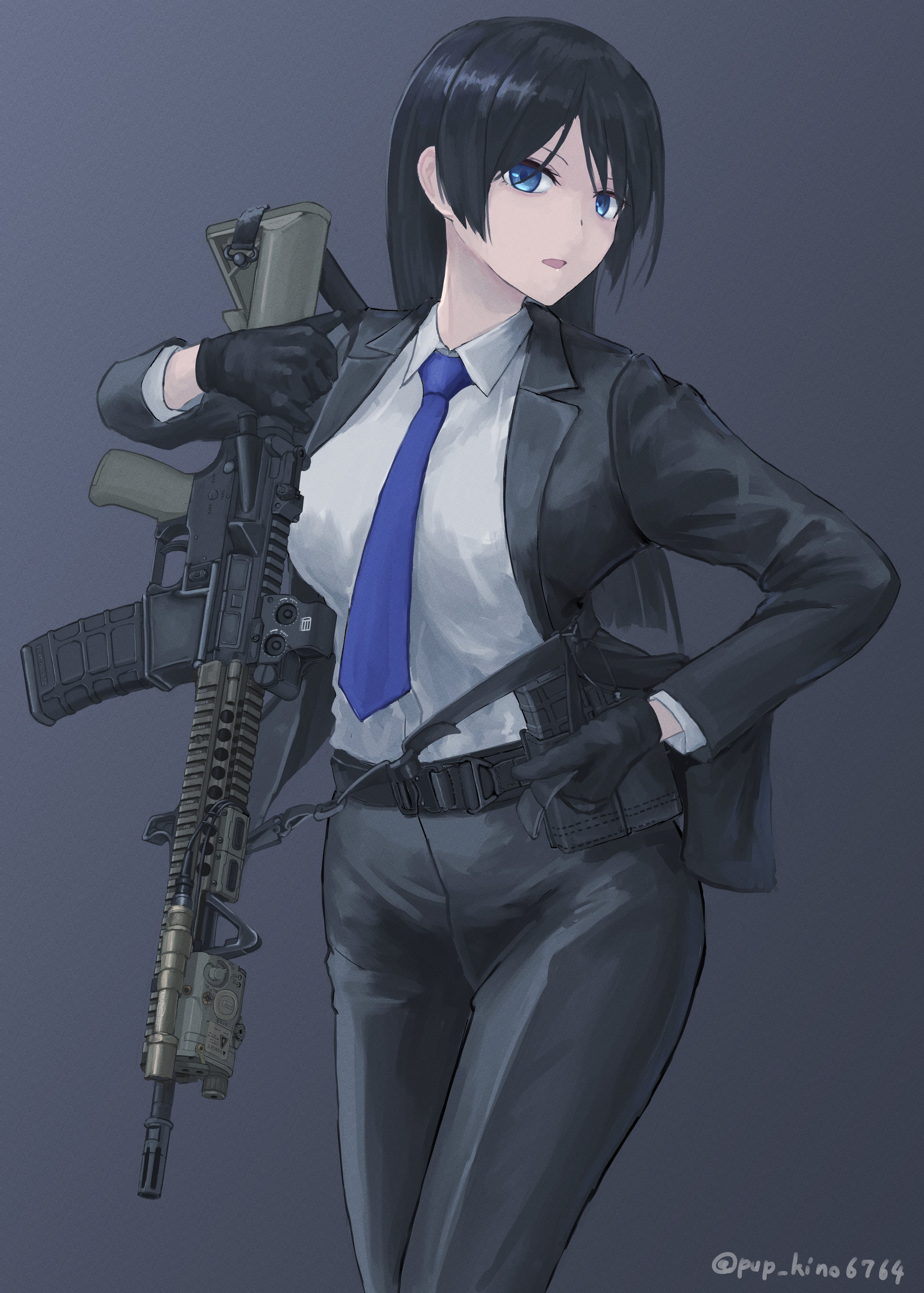 Safebooru - 1girl absurdres bangs black gloves black hair black jacket black pants blue eyes ...