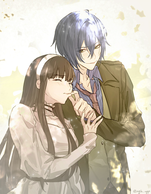 Safebooru - 1boy 1girl black hair blue shirt brown coat brown eyes brown hair brown vest cheek ...