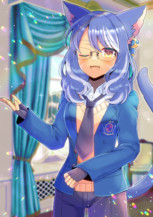 Safebooru - 1girl ;d animal ears avatar (ff14) bangs black gloves black necktie black pants ...