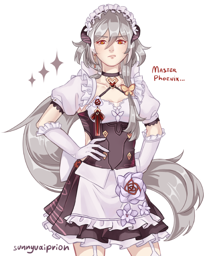 Safebooru - 1girl alternate costume apron artist name bangs black dress black hair closed mouth ...