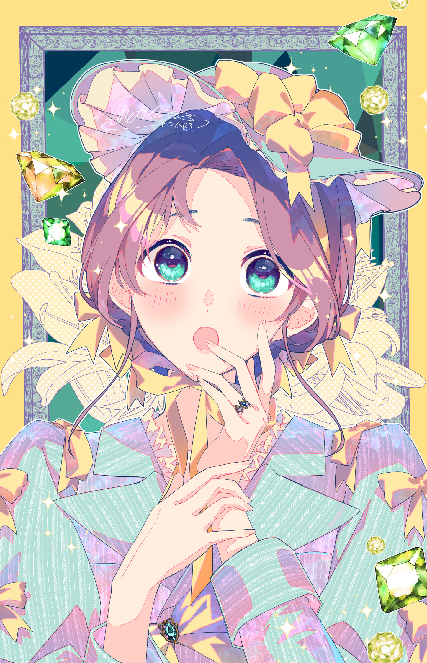 Safebooru - 1girl blue dress blush bow brown hair dress frilled dress frills gem genkai ol-san ...