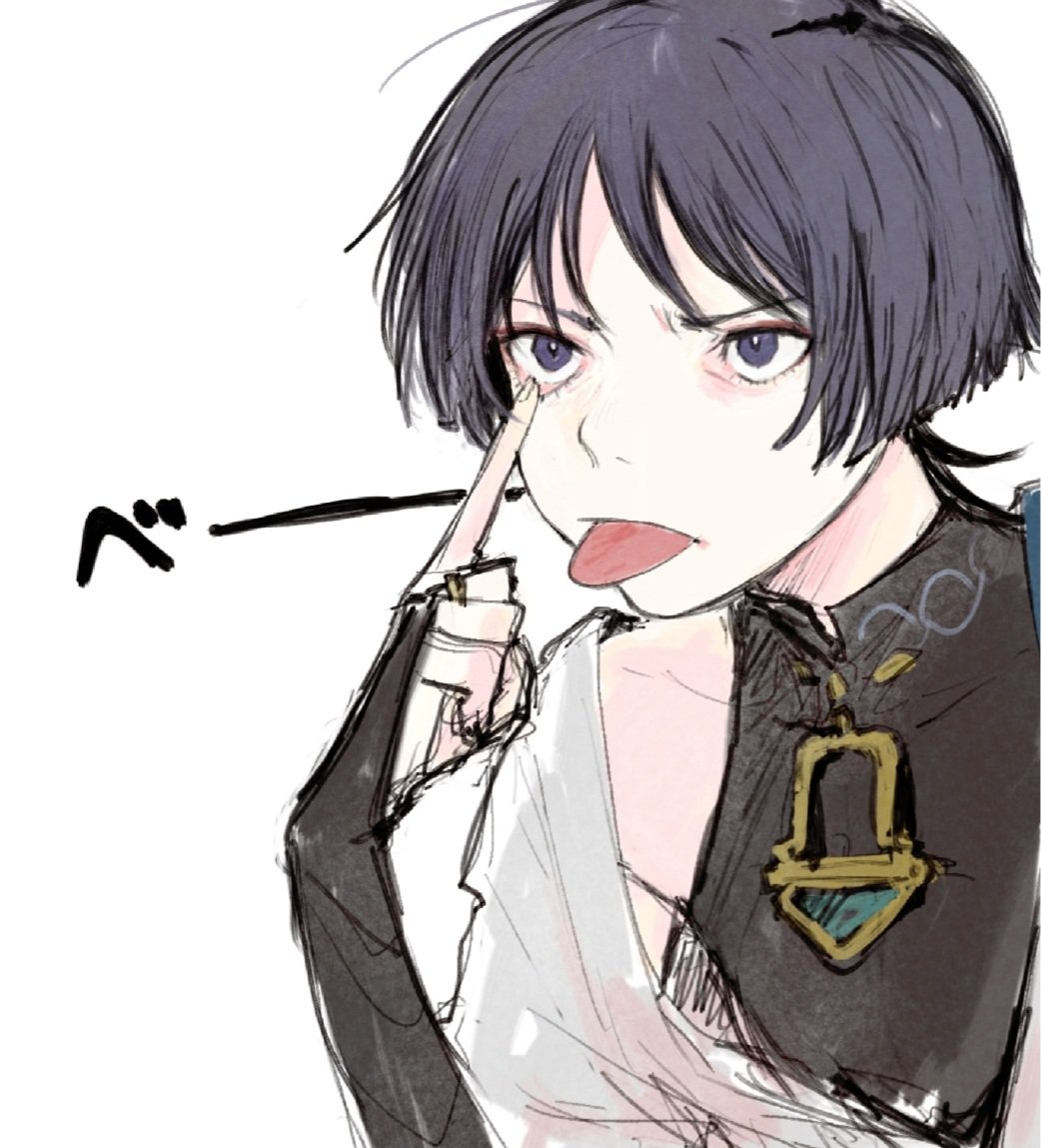 Safebooru - >:( 1boy :p aaanoa akanbe annoyed arm armor armor bangs black armor black eyes black ...