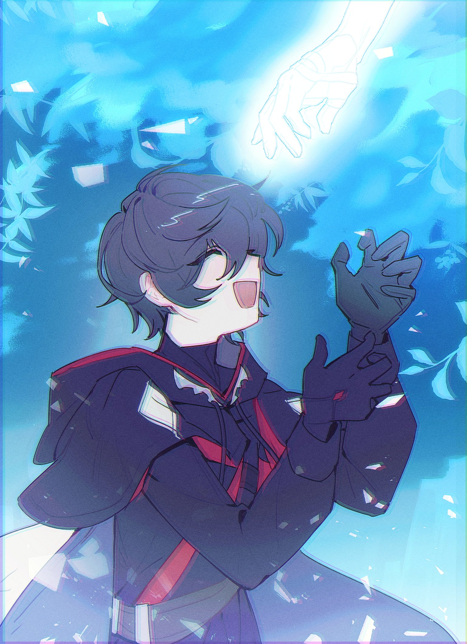 Safebooru - 1boy black gloves black hair black jacket blue background blue sky closed eyes ...