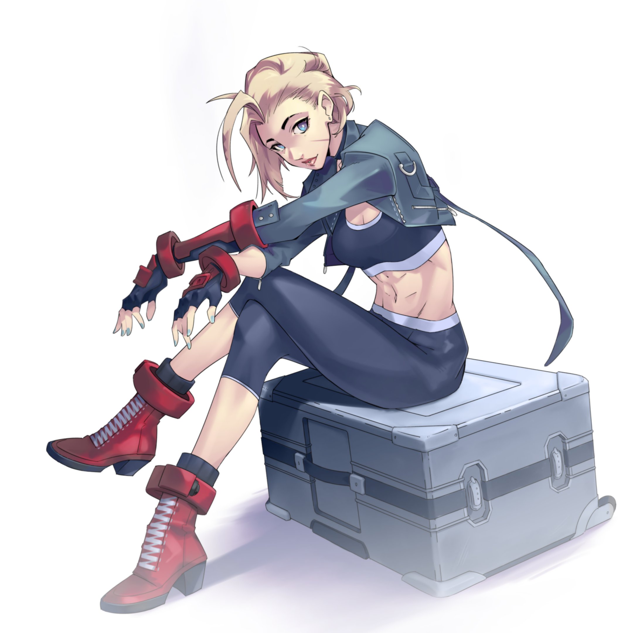 Safebooru - 1girl abs benalki blonde hair blue eyes cammy white crossed legs fingerless gloves ...