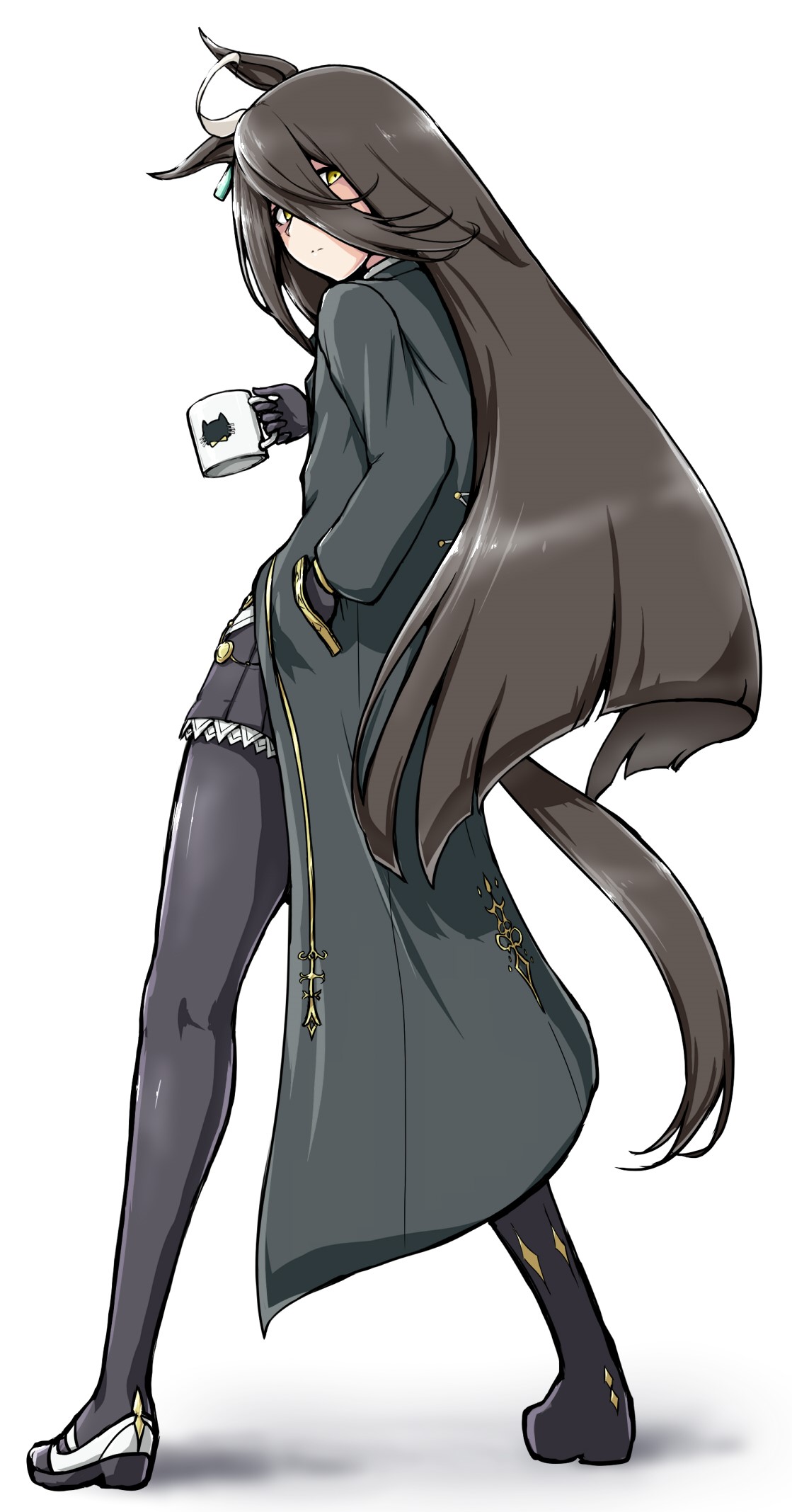 Safebooru - 1girl ahoge animal ears asymmetrical footwear bangs black coat black footwear black ...