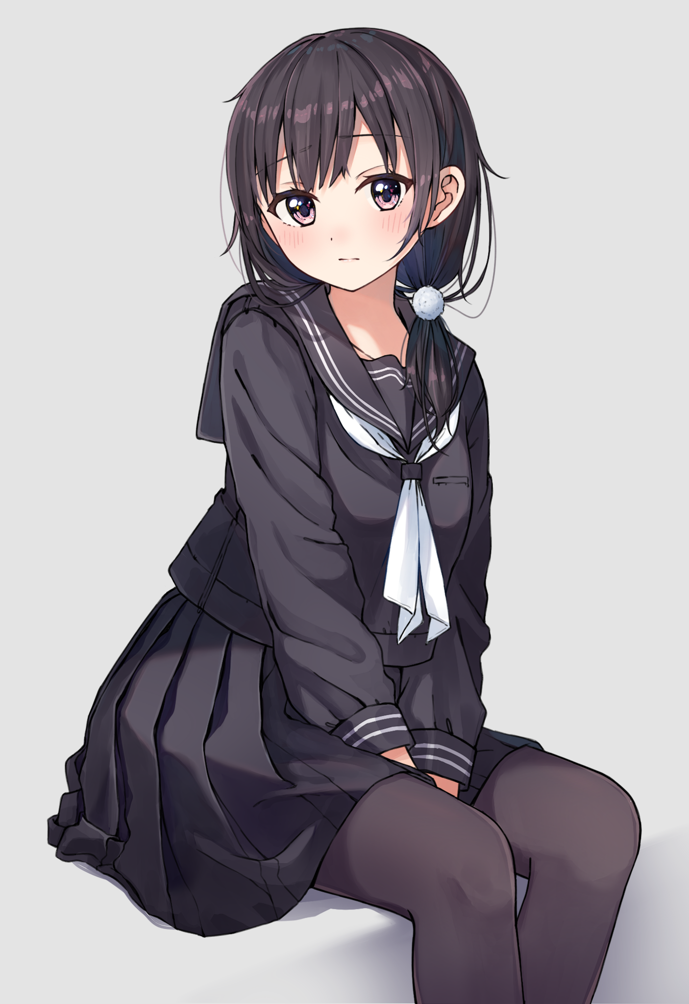 Safebooru - 1girl bangs between legs black hair black pantyhose black sailor collar black ...