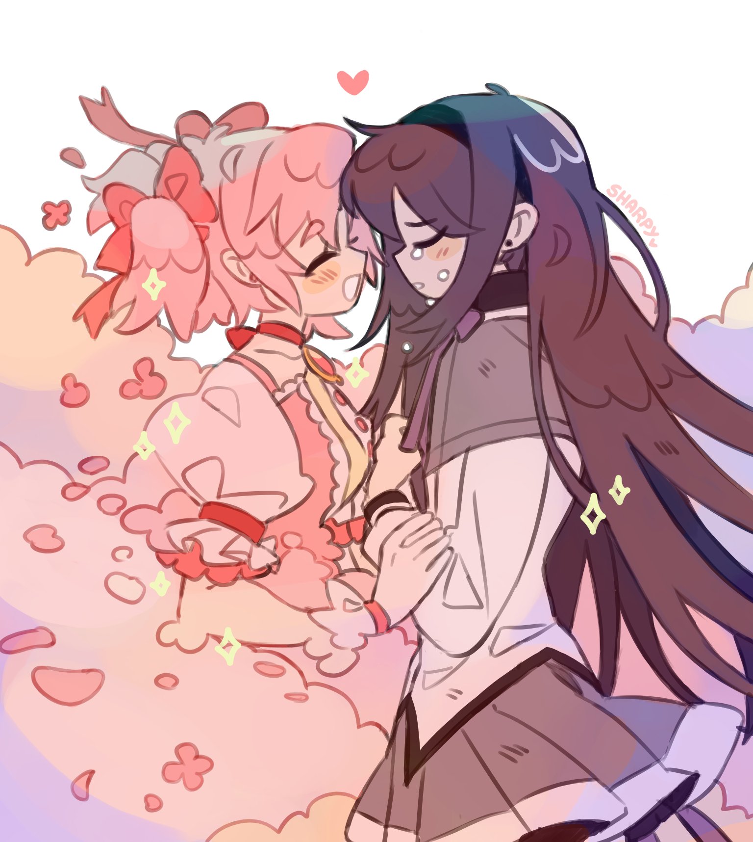 Safebooru - 2girls akemi homura black hair blush capelet closed eyes crying frown grey capelet ...