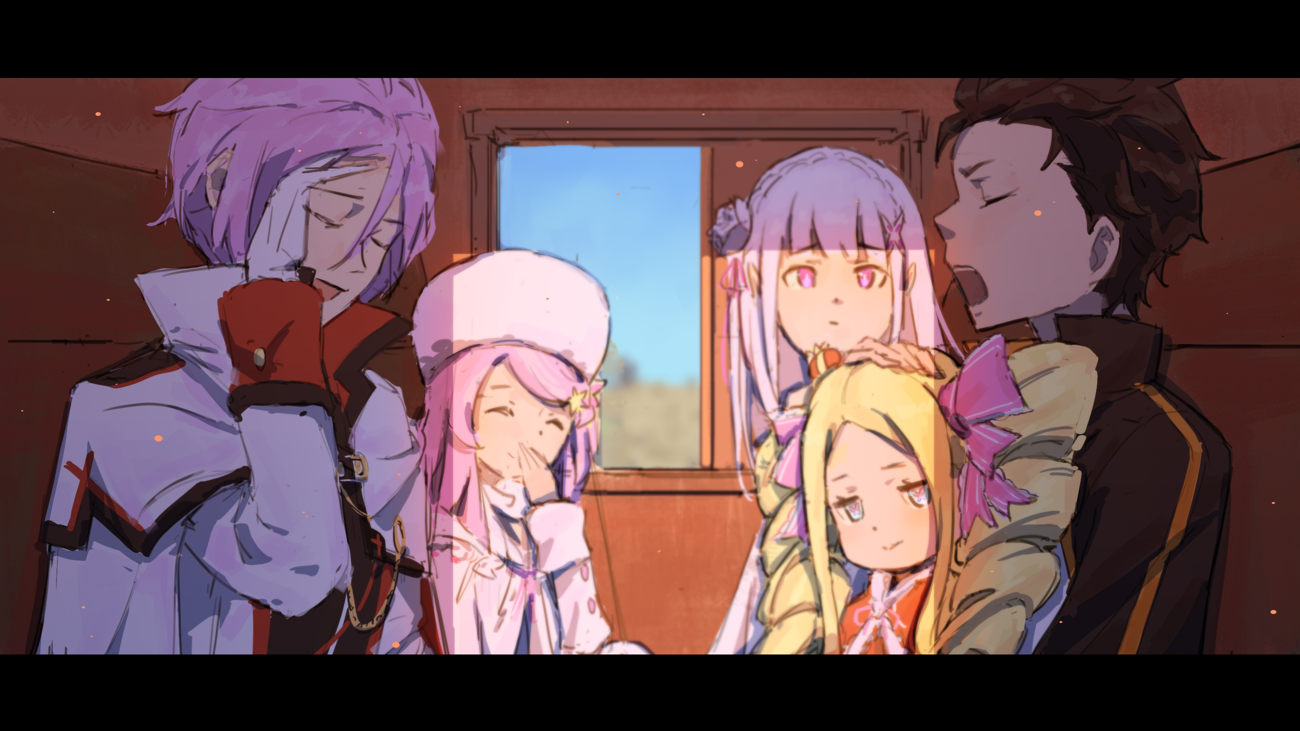 Safebooru - 2boys 3girls anastasia hoshin beatrice (re:zero) black hair blonde hair blue eyes ...