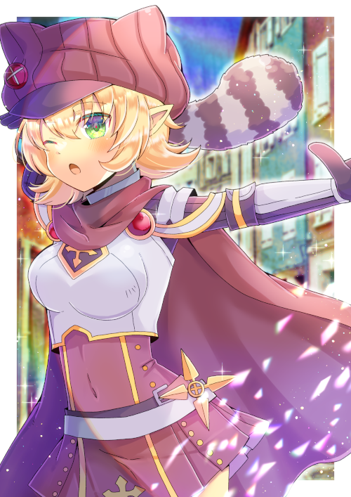 Safebooru - 1girl animal ears animal hat armor bangs black gloves blonde hair blurry blurry ...