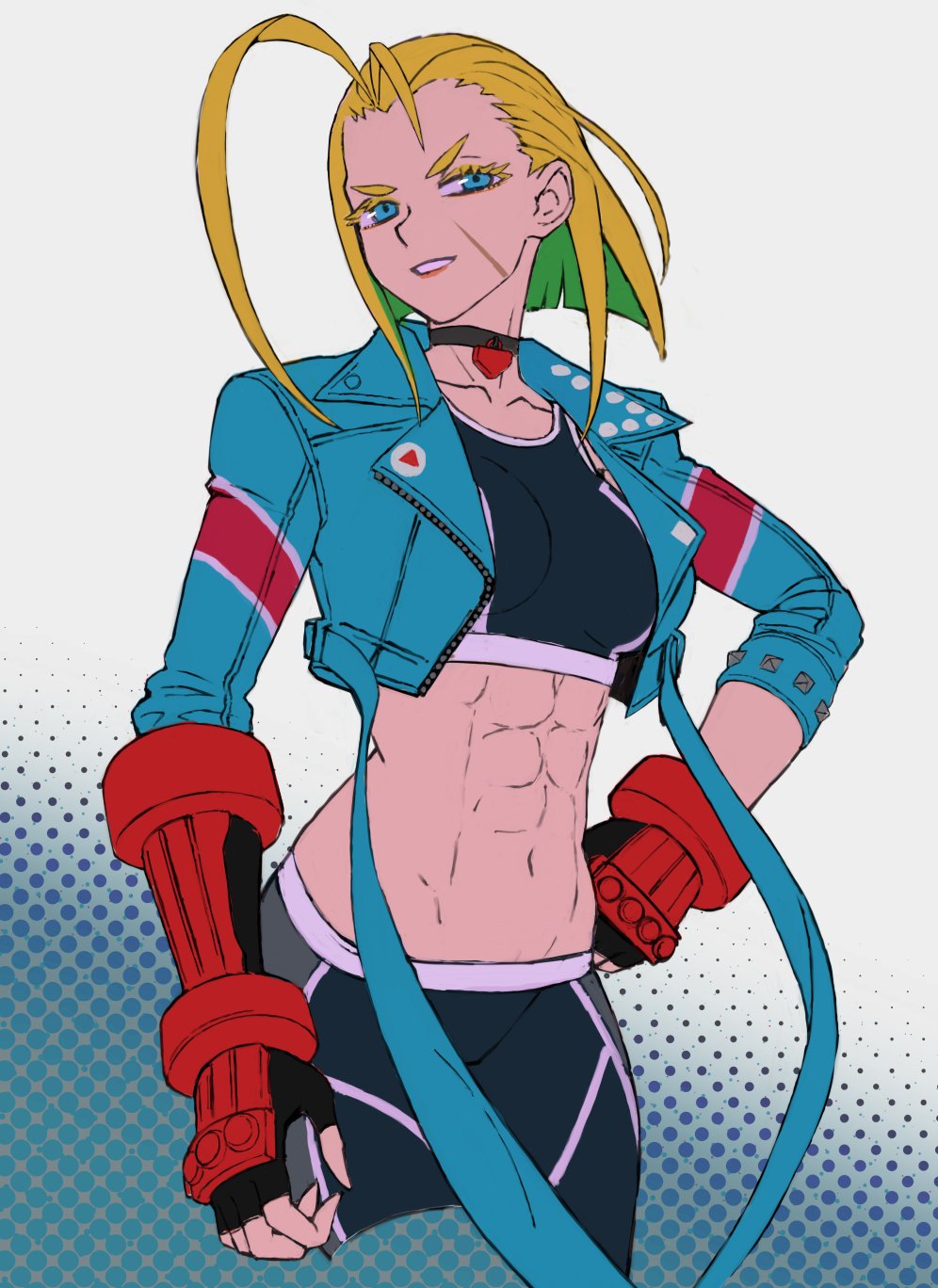 Safebooru - 1girl abs armored gloves blonde hair blue eyes cammy white choker collarbone crop ...
