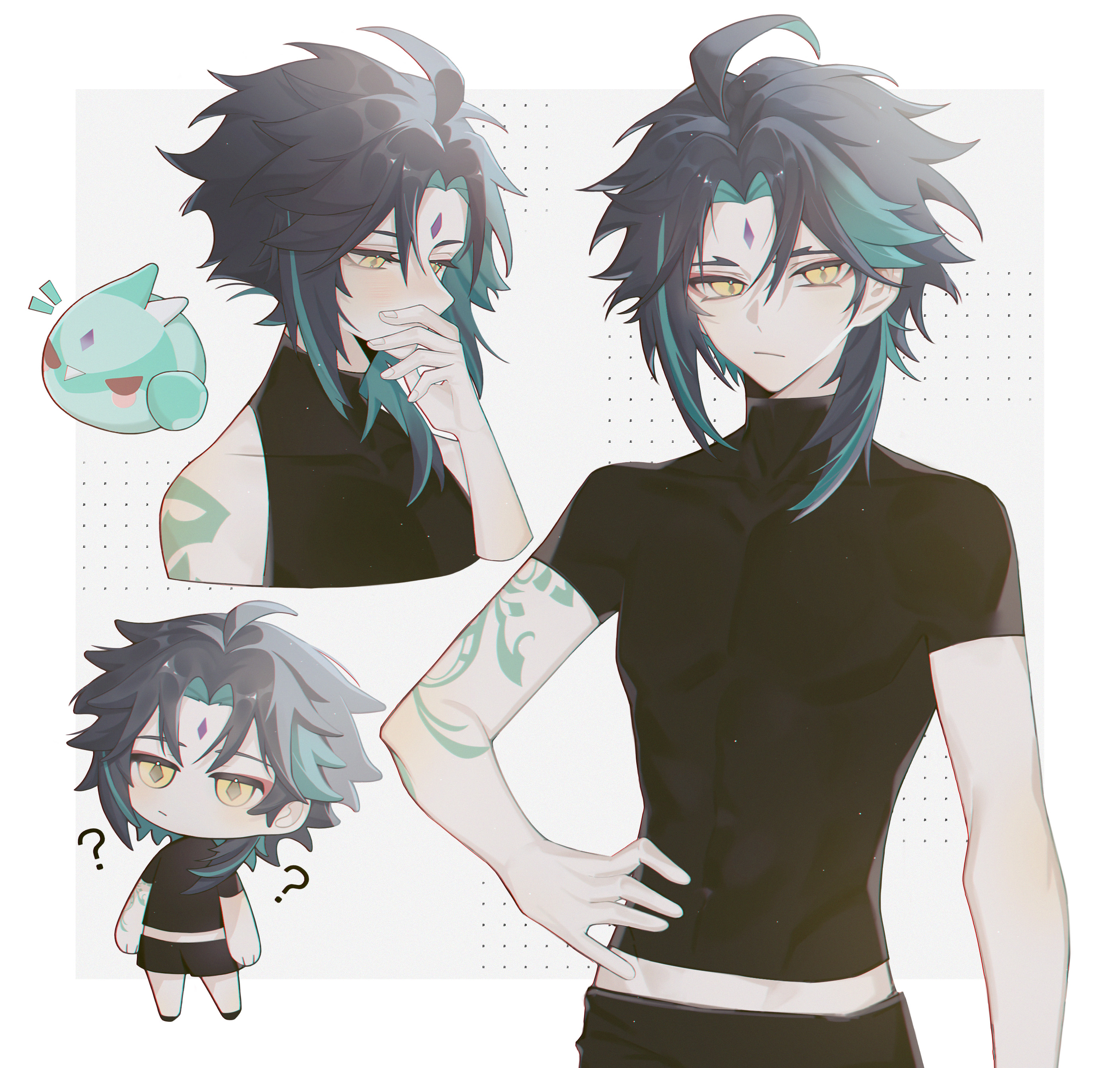Safebooru - 1boy 443420884 ? absurdres aqua hair arm tattoo black hair black shirt black shorts ...