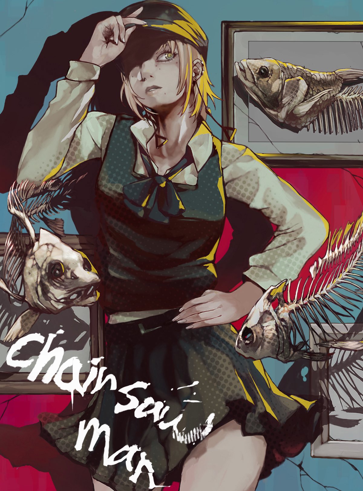 Safebooru - 1girl black ribbon brown hair chainsaw man copyright name dress earrings fami ...