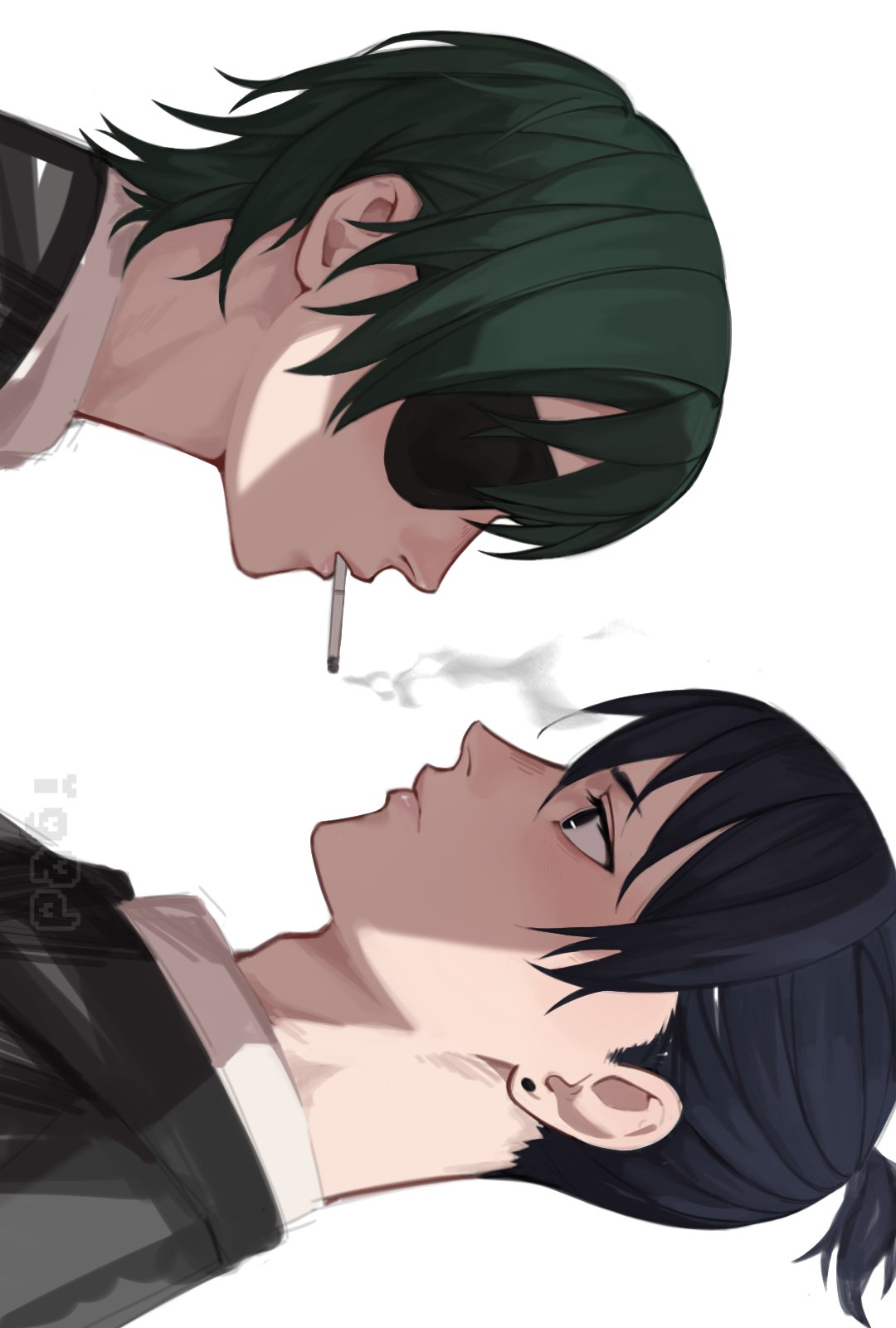 Safebooru - 1boy 1girl artist name bangs black hair black jacket chainsaw man cigarette collared ...