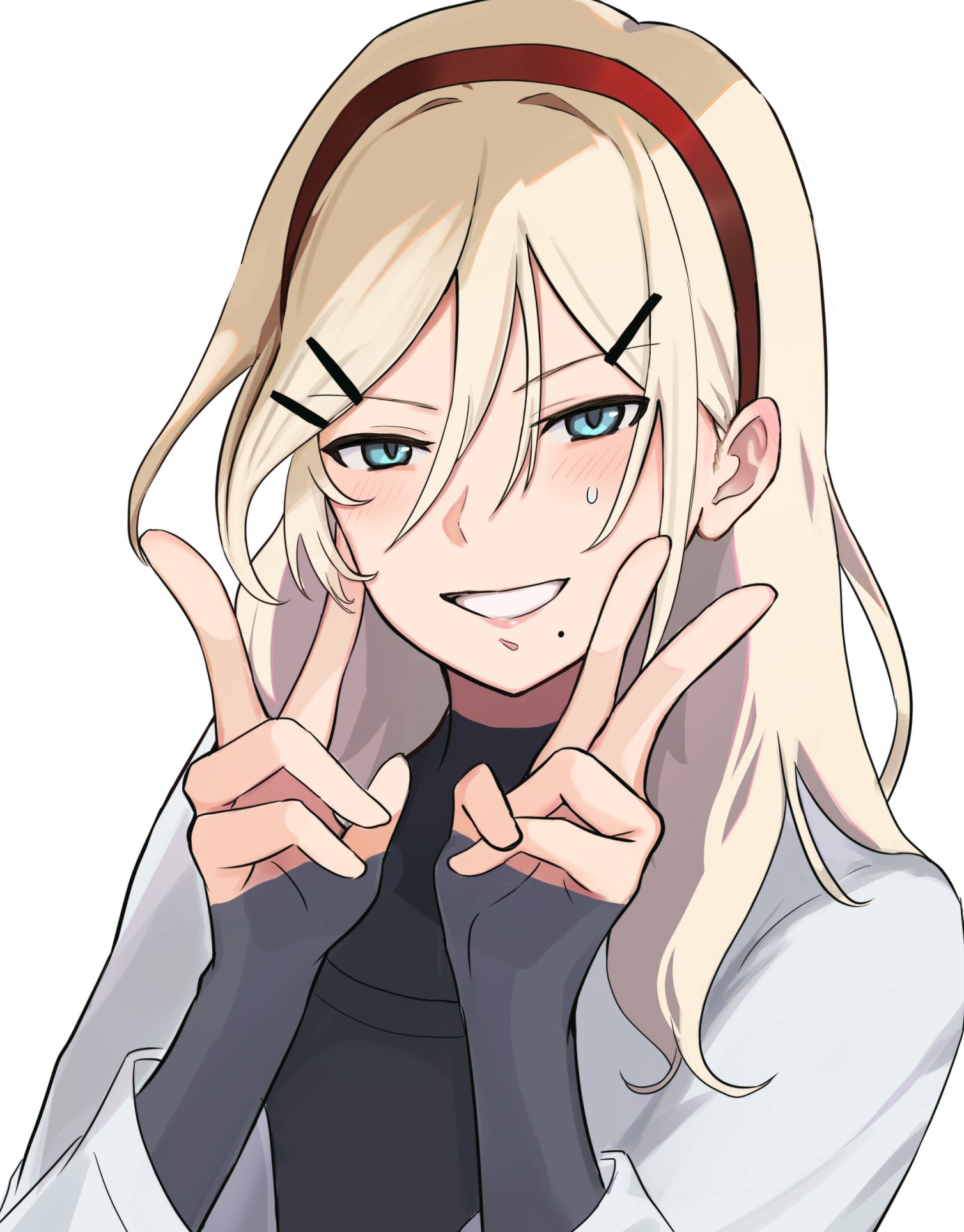 Safebooru - 1girl aqua eyes blonde hair double v fingerless gloves ...