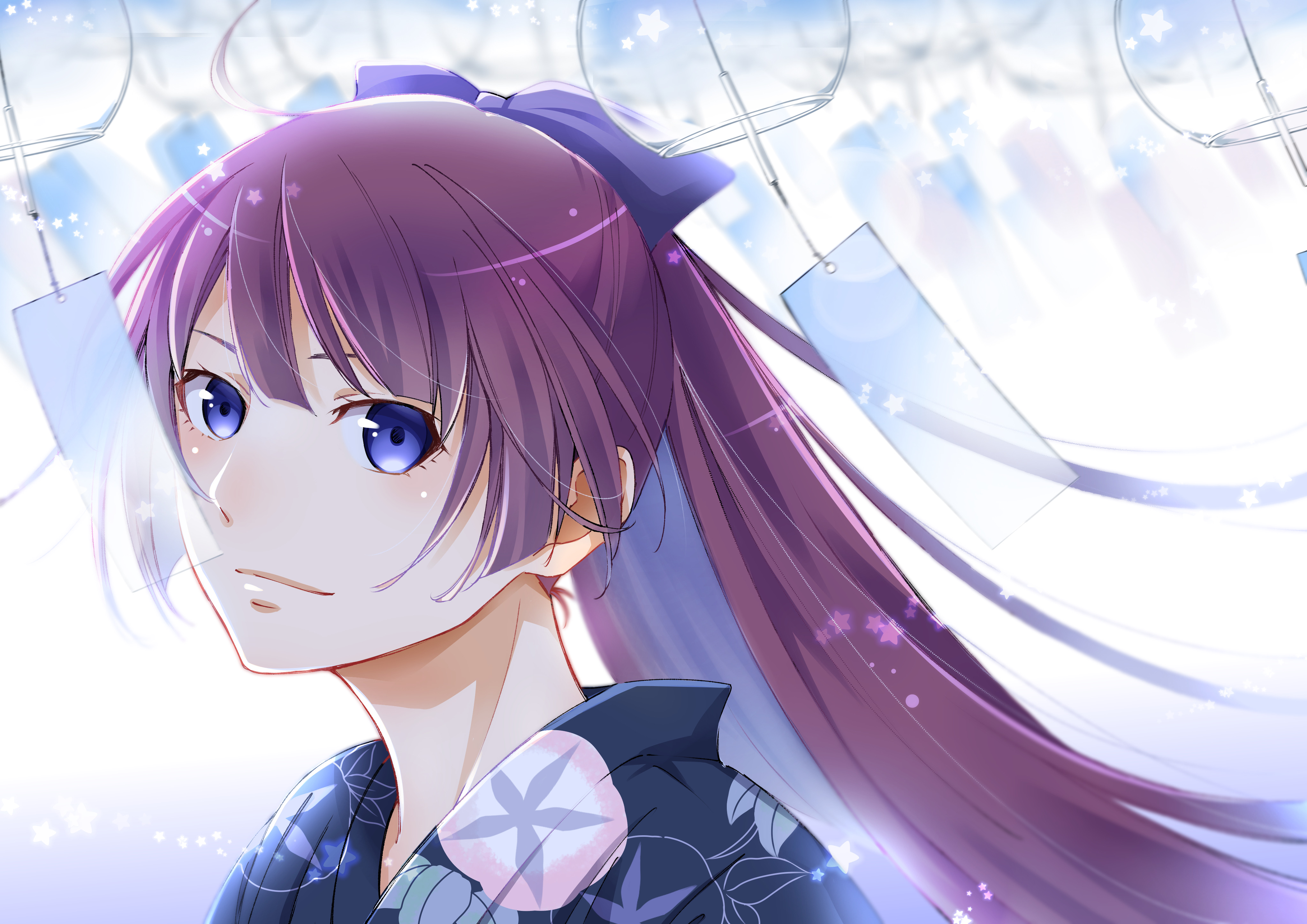 Safebooru - 1girl absurdres ahoge blue eyes blue hair blue kimono blurry blurry background ...