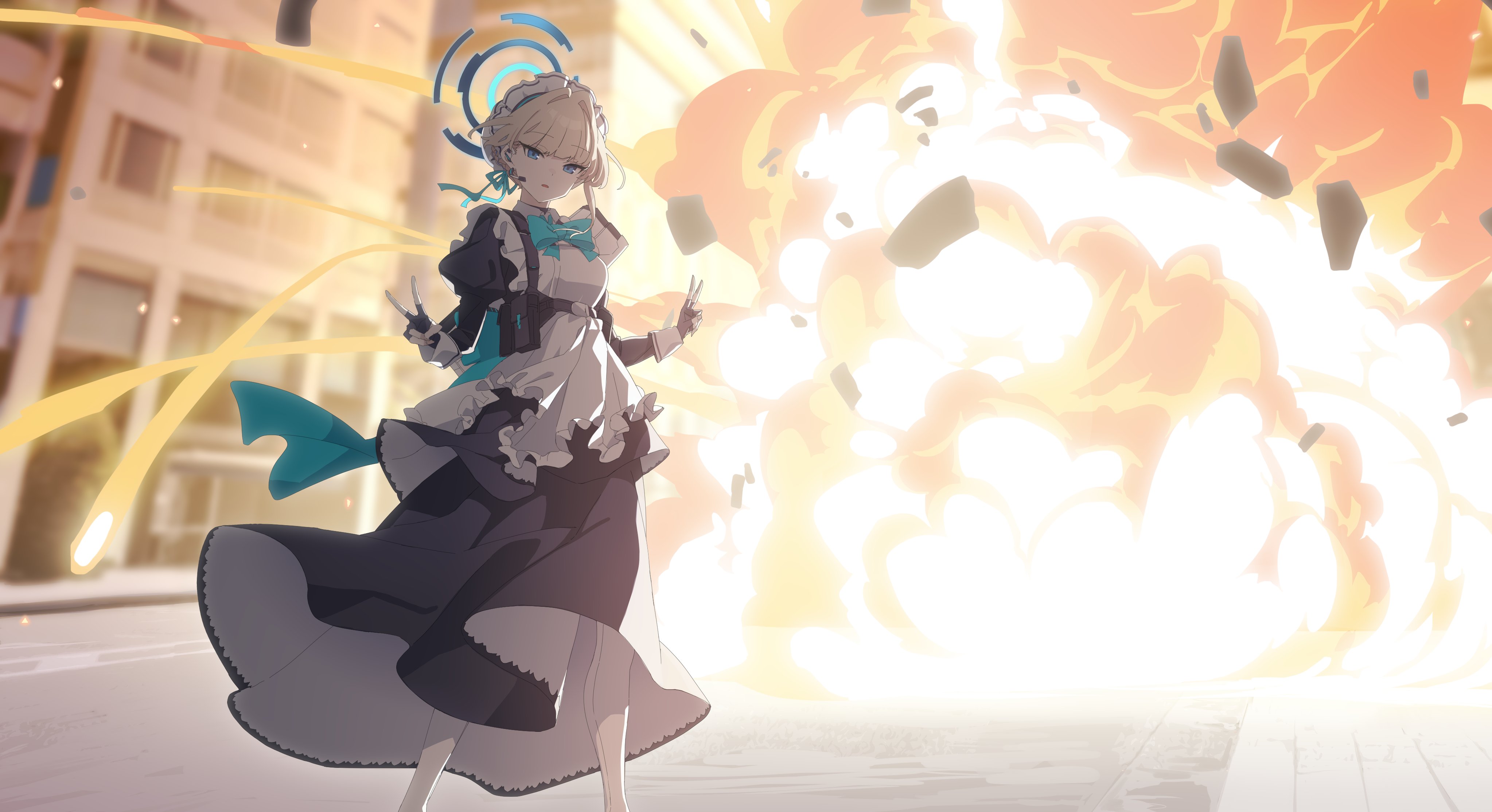 Safebooru - 1girl absurdres apron baffu blonde hair blue archive blue eyes bow building bun ...