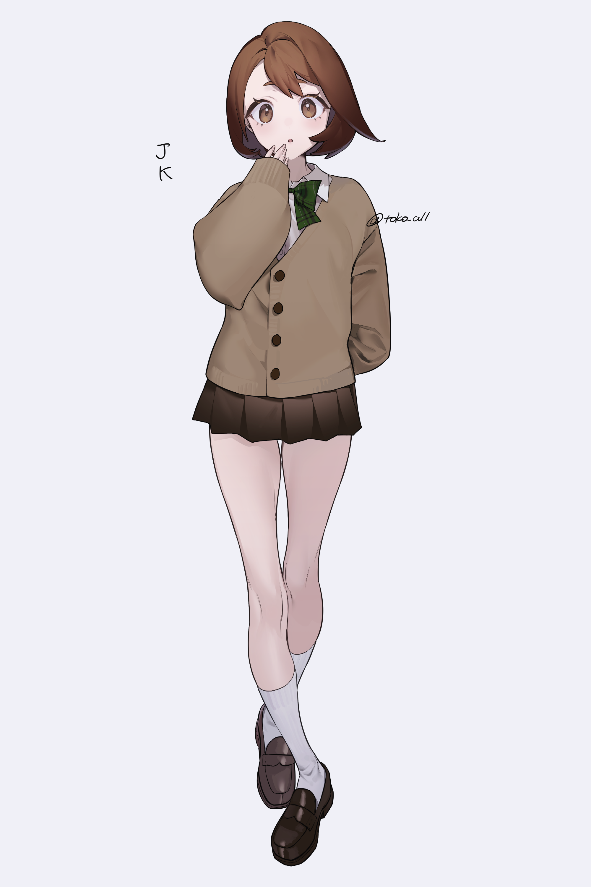 Safebooru - 1girl absurdres arm behind back bow bowtie brown cardigan brown eyes brown footwear ...