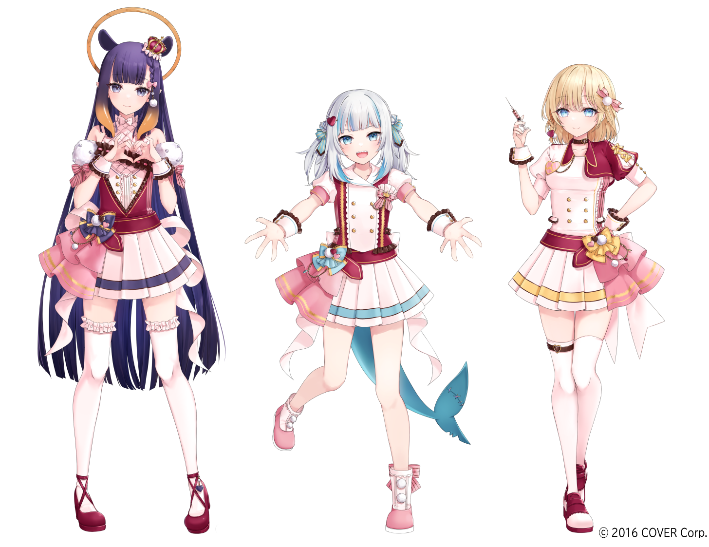 Safebooru - 3girls ankle boots bangs belt black hair blonde hair blue eyes blue hair blunt bangs ...