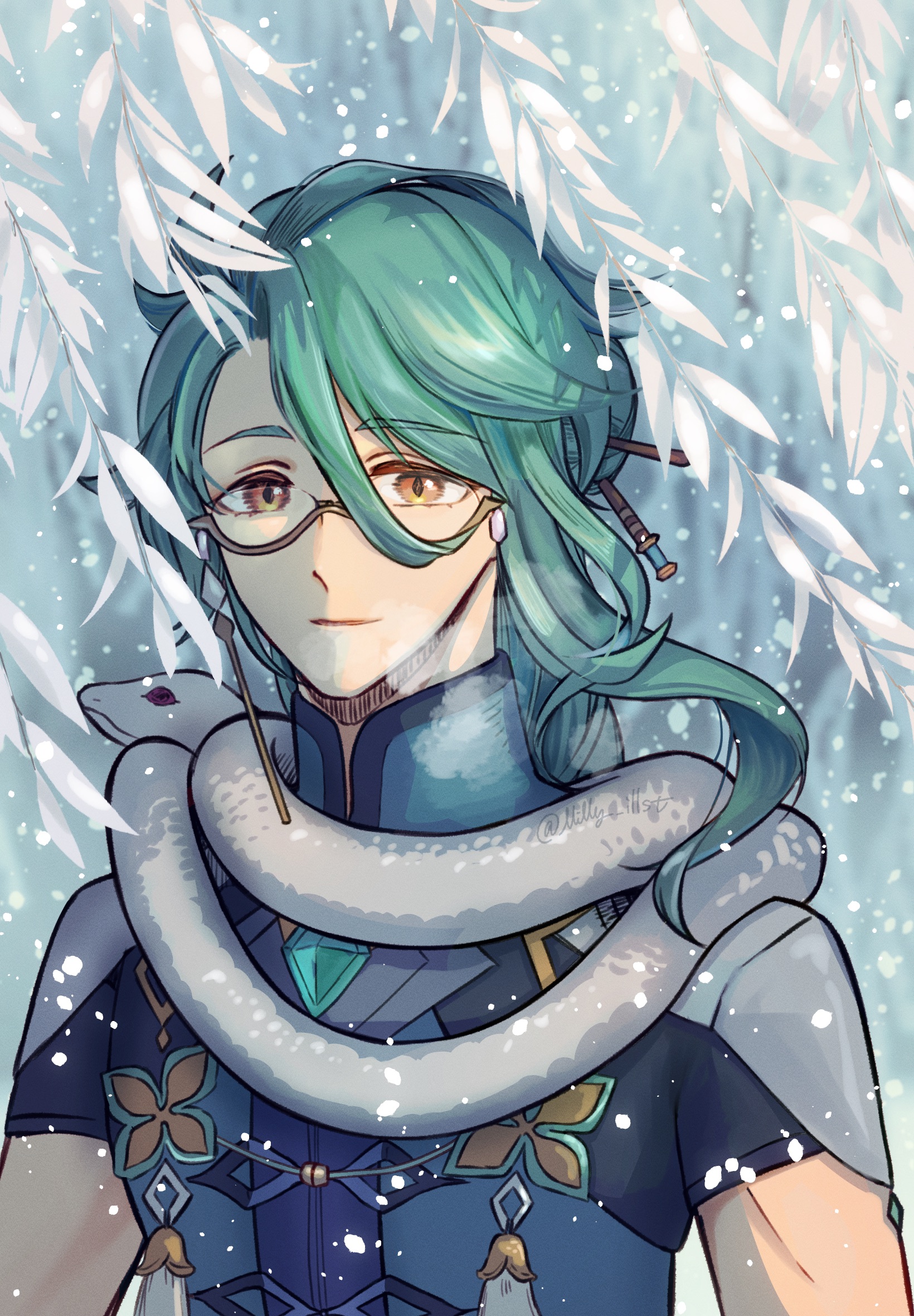 Safebooru - 1boy animal around neck baizhu (genshin impact) blue jacket ...