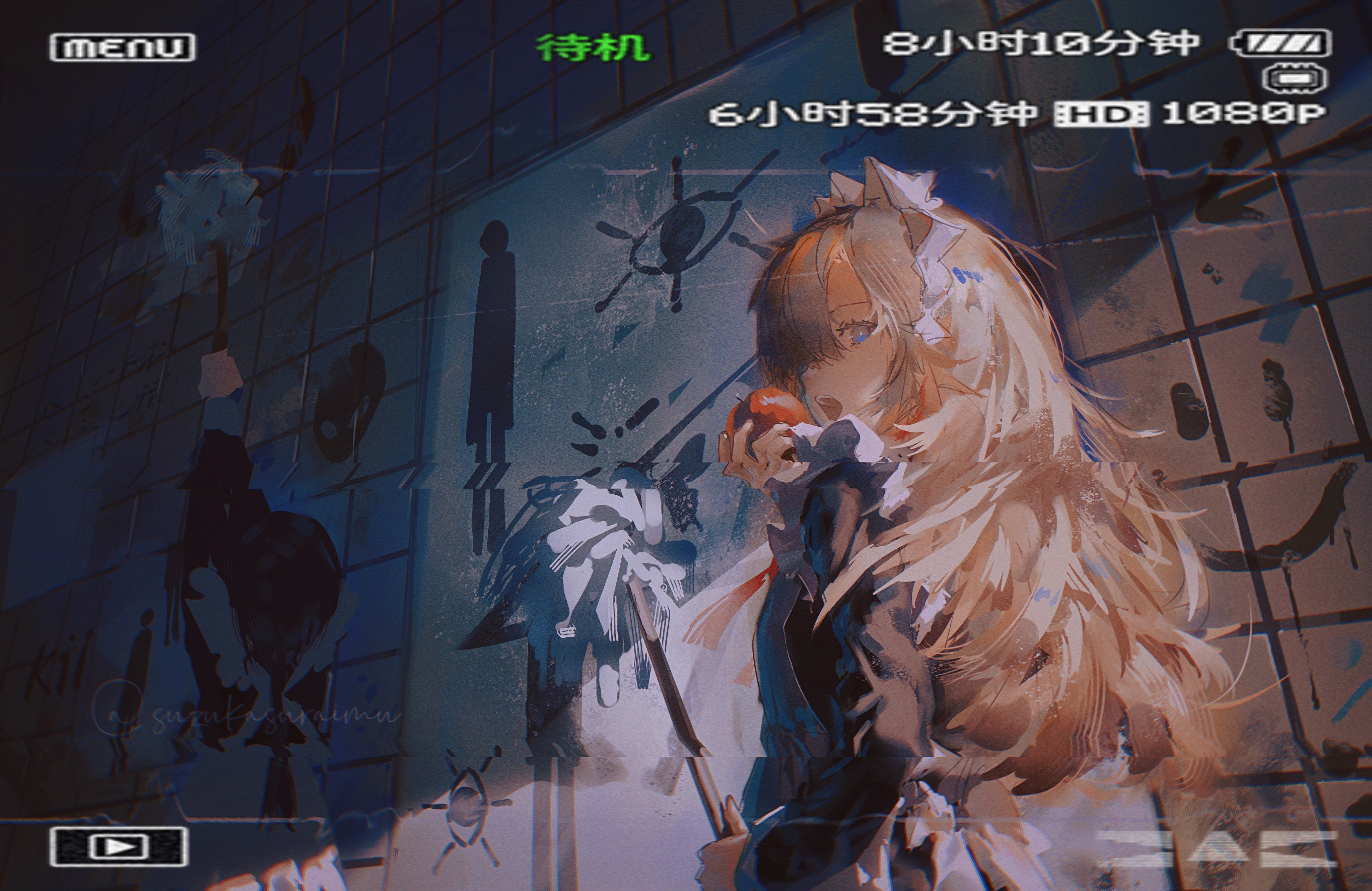 Safebooru - 2girls absurdres alternate costume apple apron arms up battery indicator black dress ...