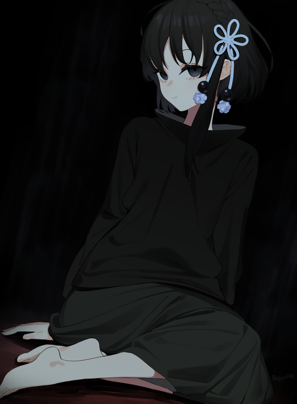 Safebooru - 1girl arm support barefoot beijuu black background black eyes black hair black pants ...