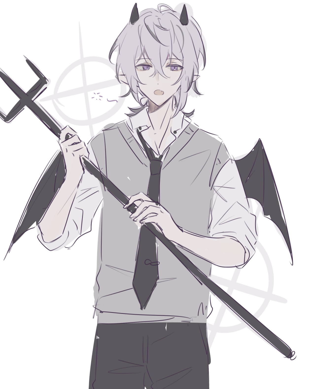 Safebooru - 1boy black necktie collar x malice demon boy demon horns demon wings grey hair grey ...