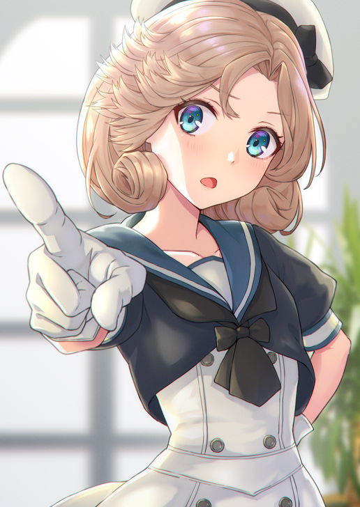 Safebooru - 1girl blonde hair blue eyes blue sailor collar blush commission dress gloves hat ...