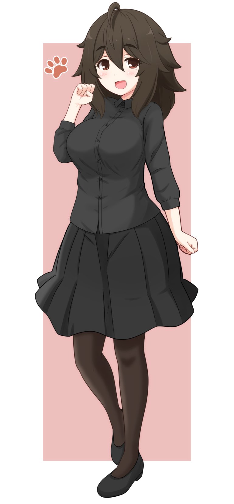 Safebooru - 1girl :d ahoge bangs black footwear black shirt black skirt blush breasts brown eyes ...