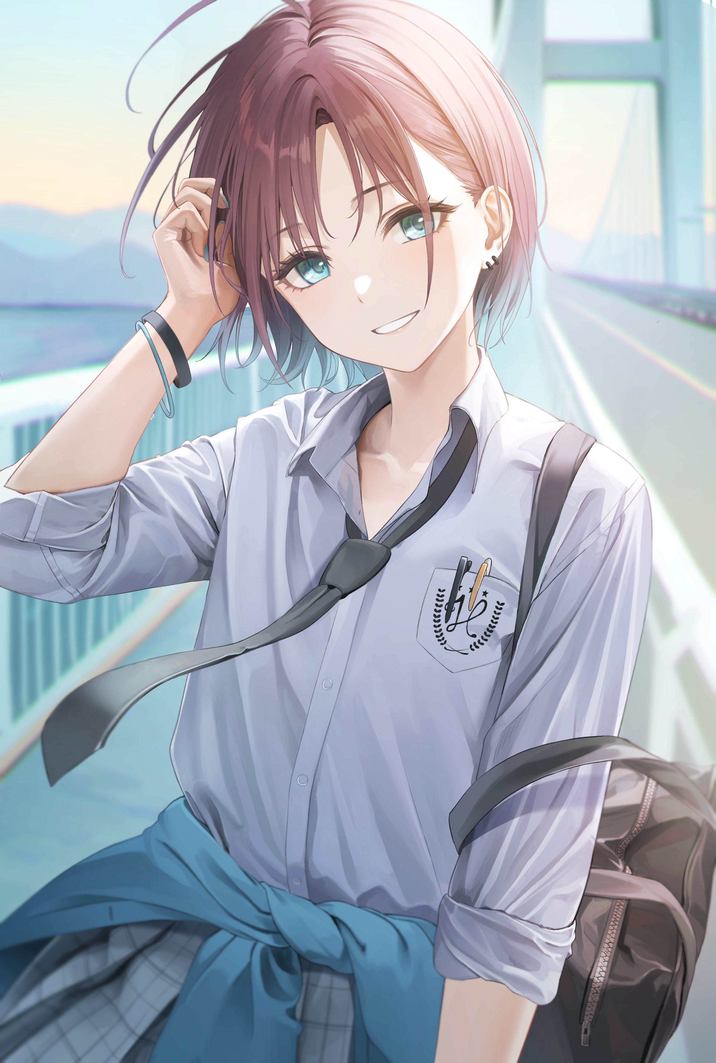 Safebooru - 1girl absurdres ahoge asakura toru bag bangs black necktie blue hair blue nails ...