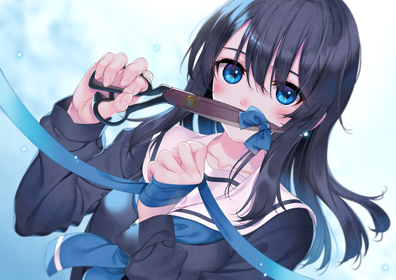 Safebooru - amamiya chiharu black hair blue eyes blue ribbon collarbone gradient background ...
