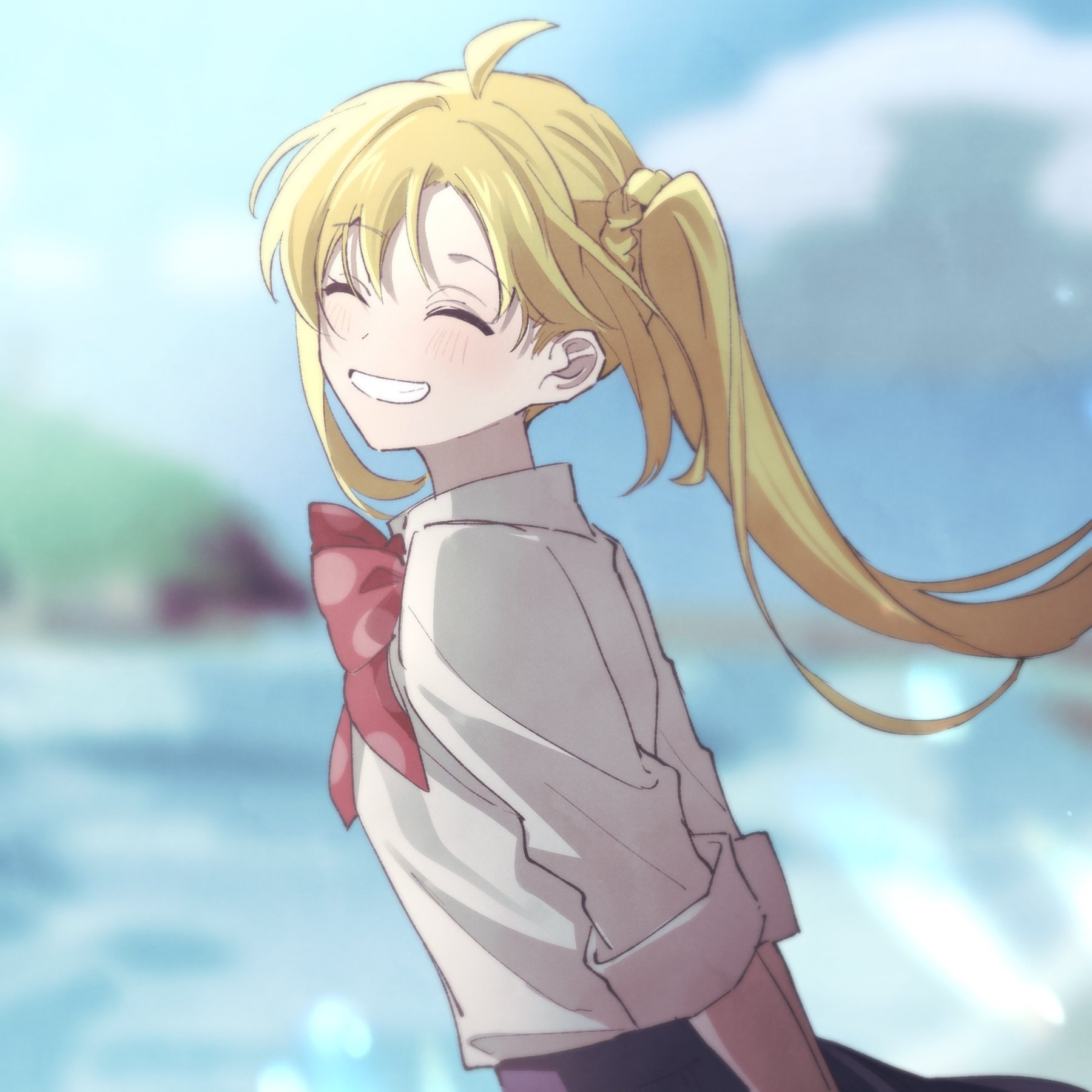 Safebooru - 1girl ahoge arms behind back bangs blonde hair blurry blurry background blush bocchi ...