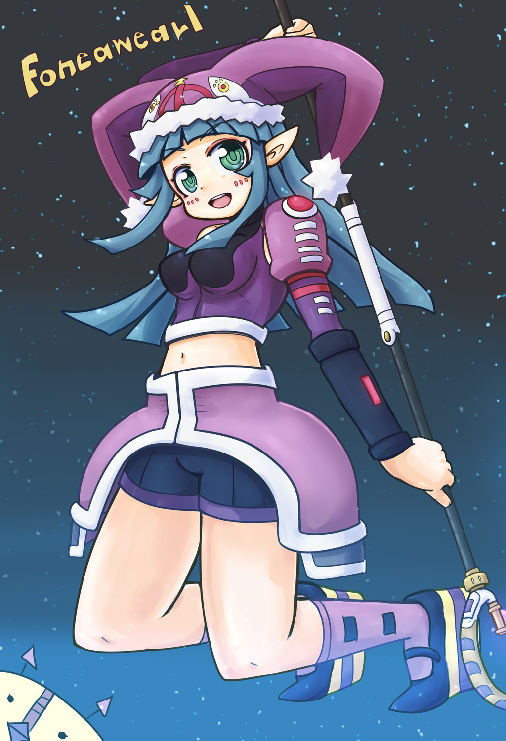 Safebooru - 1girl :d arm up bangs bike shorts black footwear black shorts blue hair blunt bangs ...