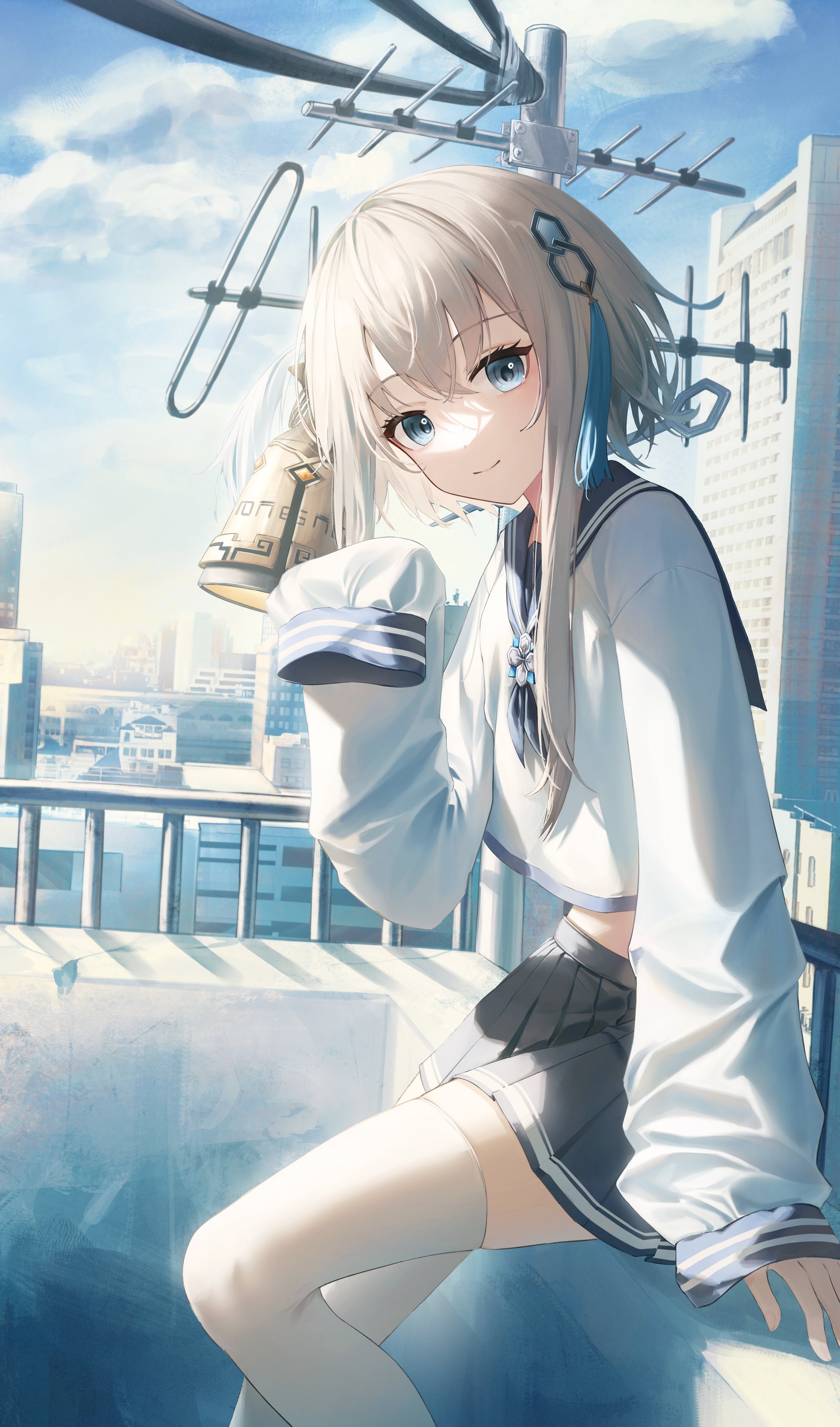 Safebooru - 1girl absurdres against railing asymmetrical hair bell blue eyes blue sailor collar ...